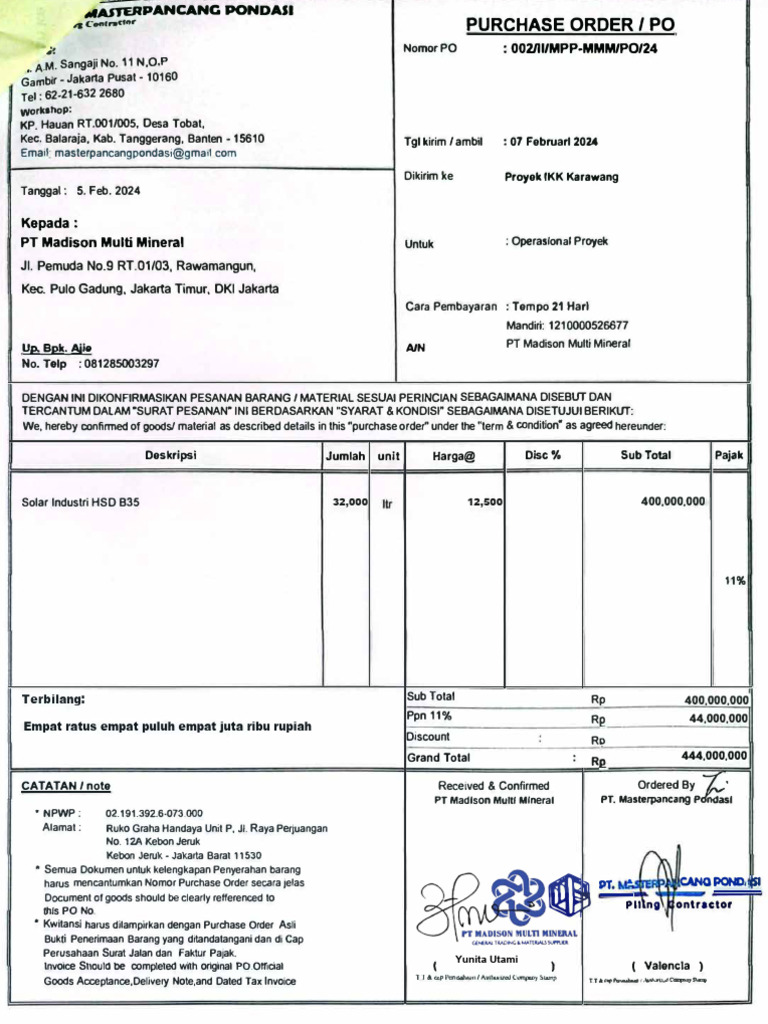 Konfirmasi PO PT Masterpancang Pondasi | PDF