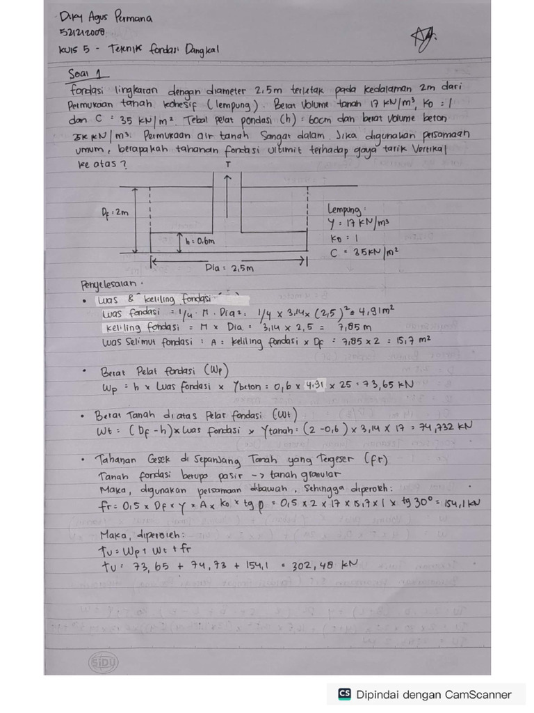 Kuis 5 Teknik Fondasi Dangkal - Diky Agus Permana - 521212008 | PDF