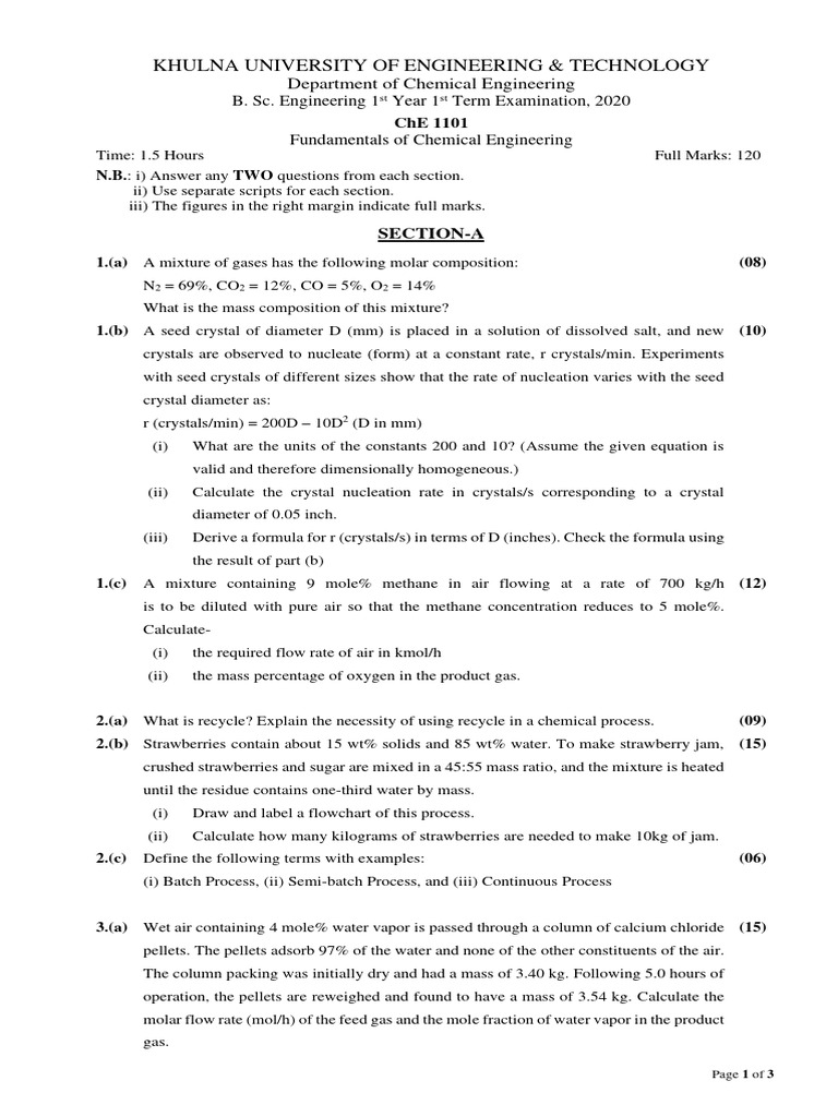 ChE 1101_2020 | PDF | Chemical Reactor | Mole (Unit)