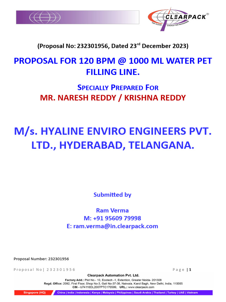 Clearpack Proposal For The 120 BPM Water PET Filling Line For Hyaline ...