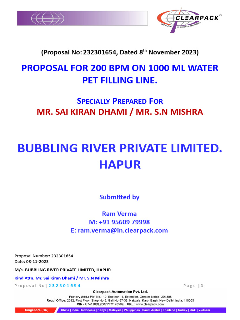 Clearpack Proposal For The 200 BPM Water PET Filling Line For Bubbling River Pvt. LTD., Hapur ...