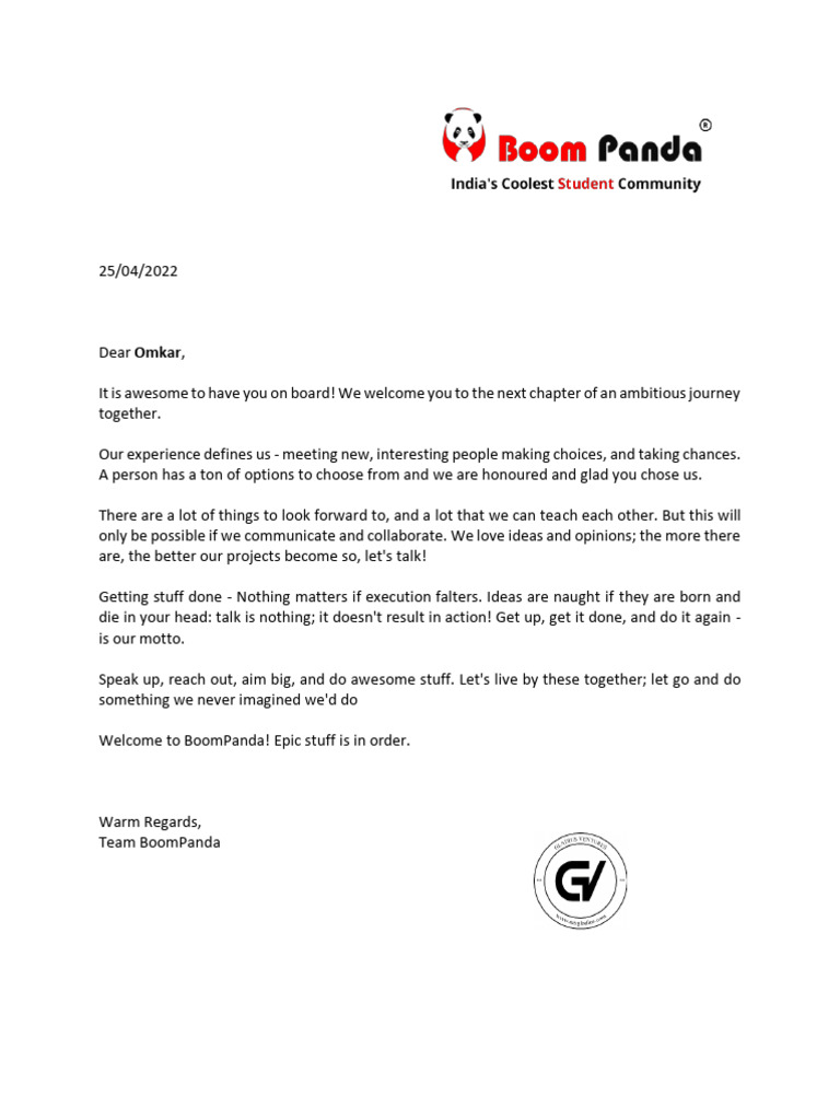 Welcome Letter - Omkar | PDF