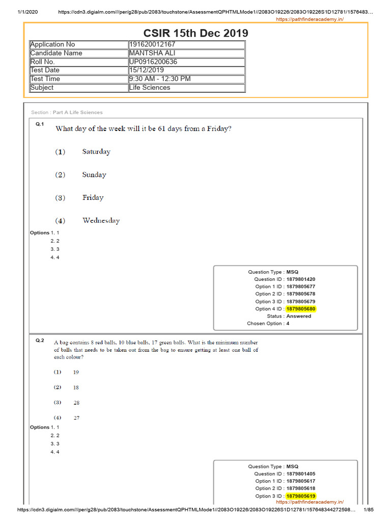 CSIR December 2019 Paper 2 | PDF