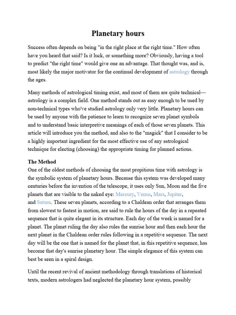 Planetary Hours | PDF | Planets In Astrology | Night