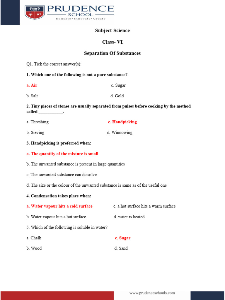 Answer key Pa1 ws-SEPARATION OF SUBSTANCES WK | PDF | Solubility | Mixture