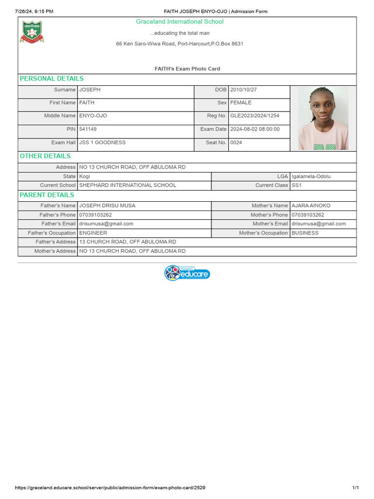 Faith Joseph Enyo-Ojo - Admission Form | PDF