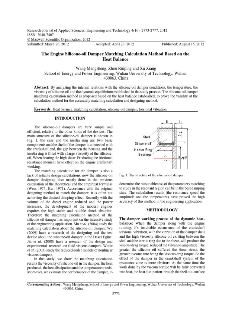 The Engine Silicone Oil Damper Matching Calculation Method Based On The Heat Balance Pdf