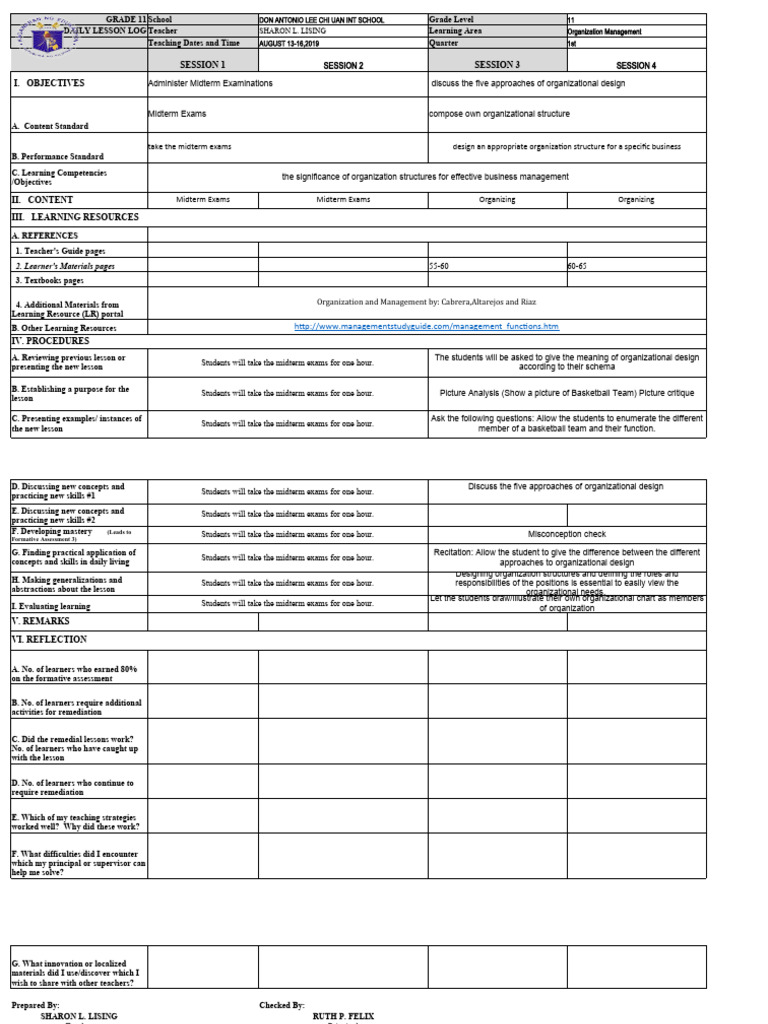 Grade 11 Organizational Management Log | PDF | Learning | Teachers