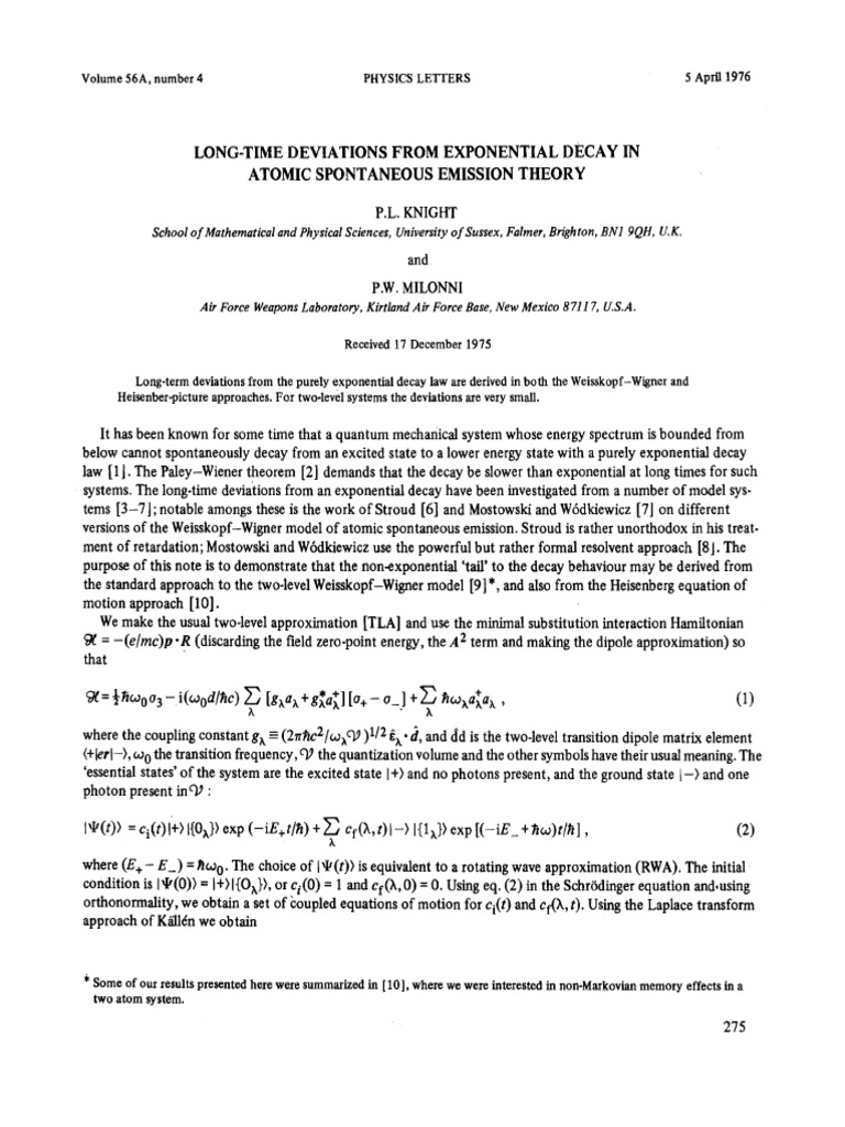 Knight Milonni Deviations From Exponential Decay-1 | PDF | Quantum ...