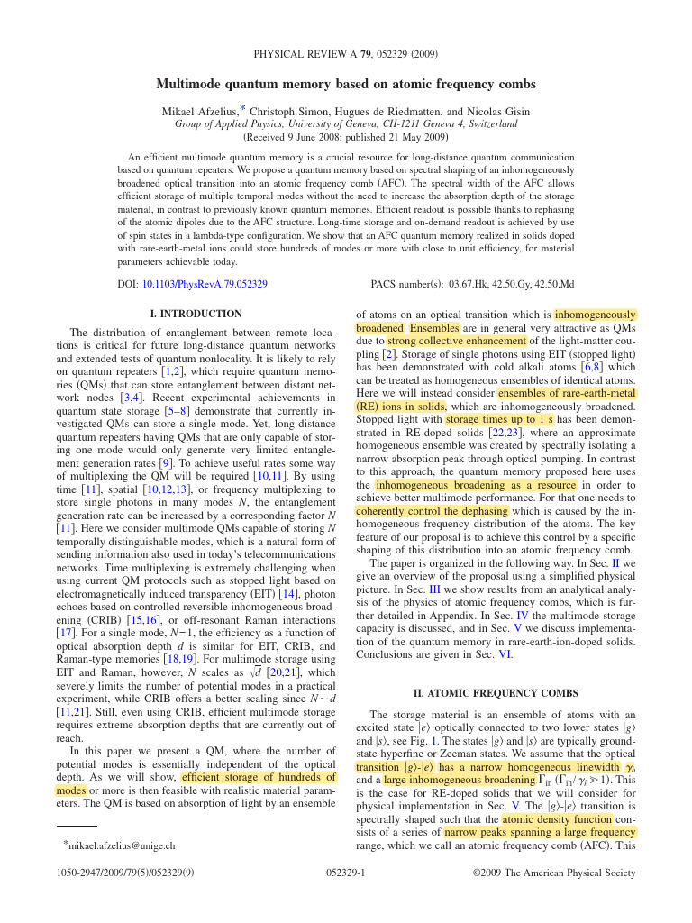 Multimode Quantum Memory Based On Atomic Frequency Combs 2009 | PDF ...