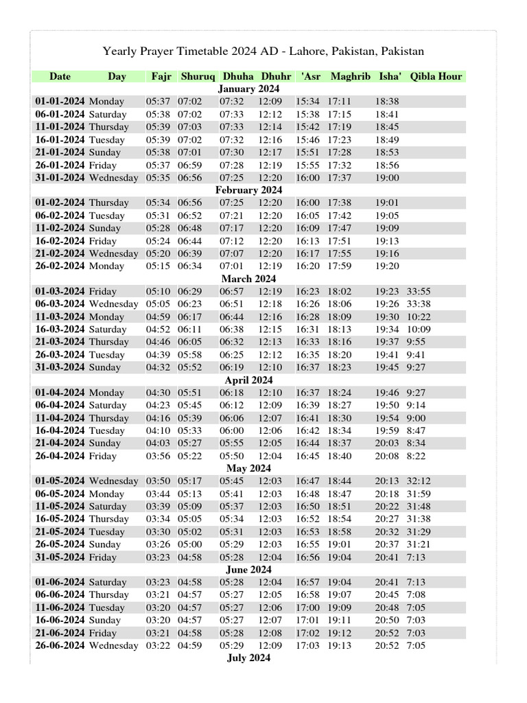 Yearly Prayer Timetable 2024 | PDF | Prayer