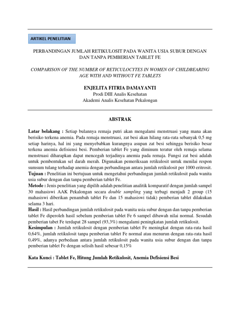Artikel Perbandingan Jumlah Retikulosit Pada Wanita Usia Subur | PDF ...