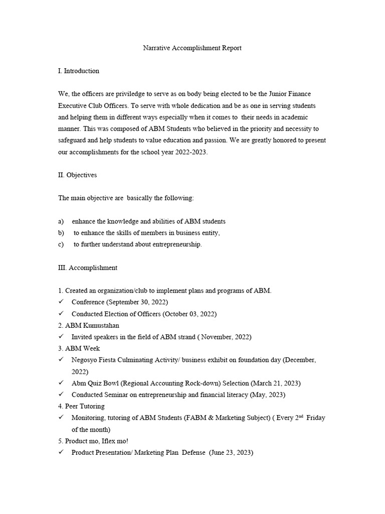 Narrative Accomplishment Report Jfinex | PDF | Business