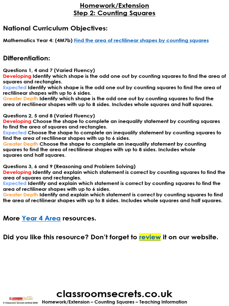 Year 4 Spring Block 2 Step 2 HW EXT Counting | PDF | Area | Mathematics