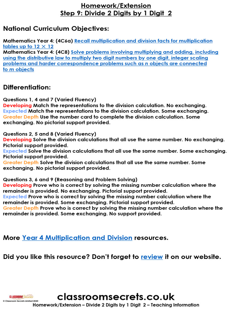 Year 4 Spring Block 1 Step 9 HW EXT Divide 2 Digits by 1 Digit 2 | PDF ...