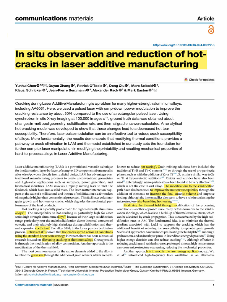 in Situ Observation and Reduction of Hot Cracks in LAM | PDF