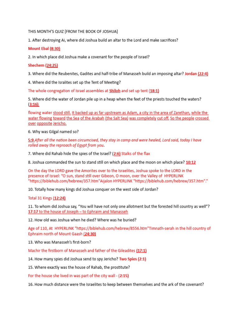 Joshua Quiz | PDF | Joshua | Canaan