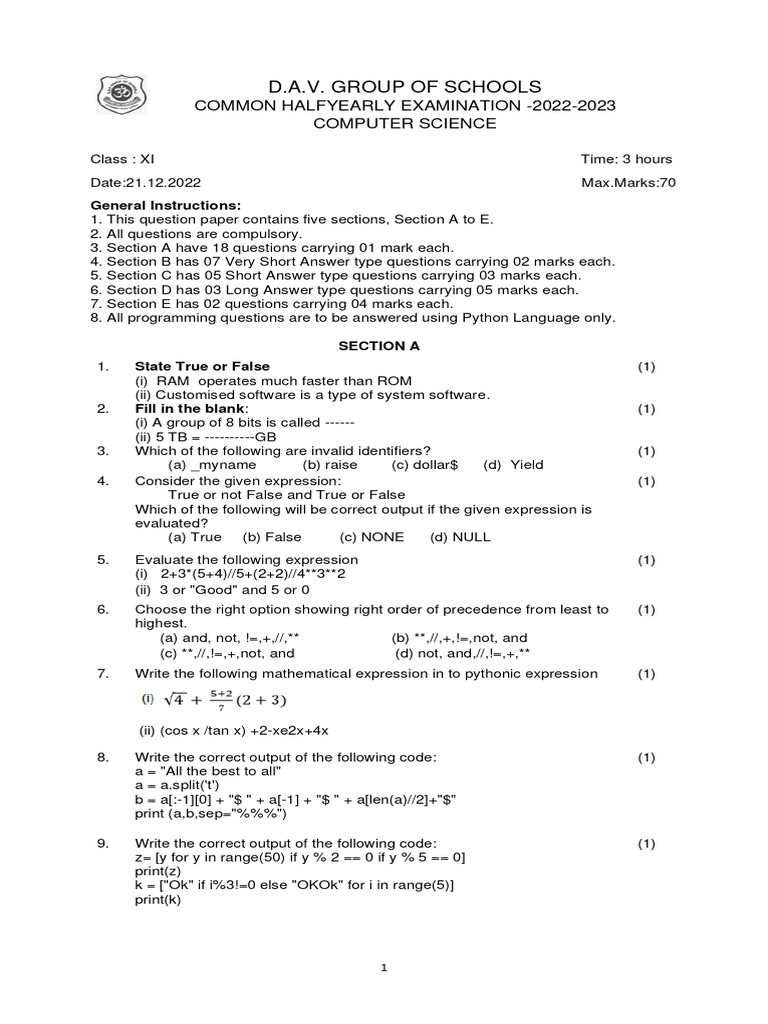 Class 11 Compsci QP 21.12.22 | PDF | Computer Programming | Computing