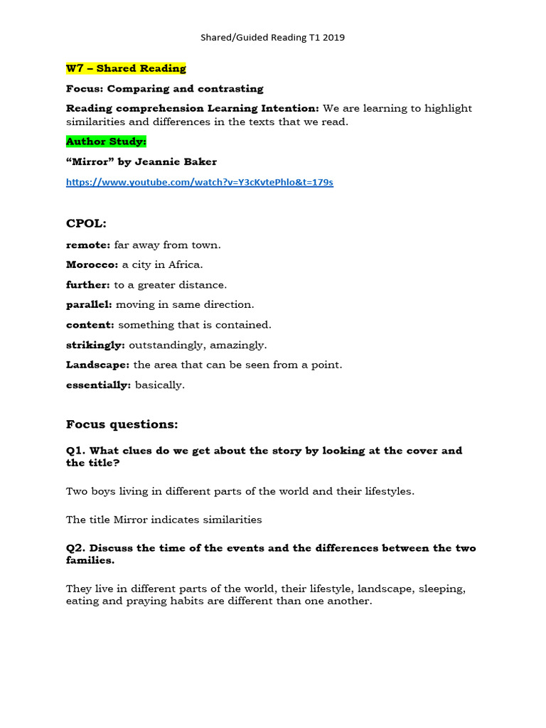 Guided Reading Plan - Mirror by Jeannie Baker | PDF | Applied ...