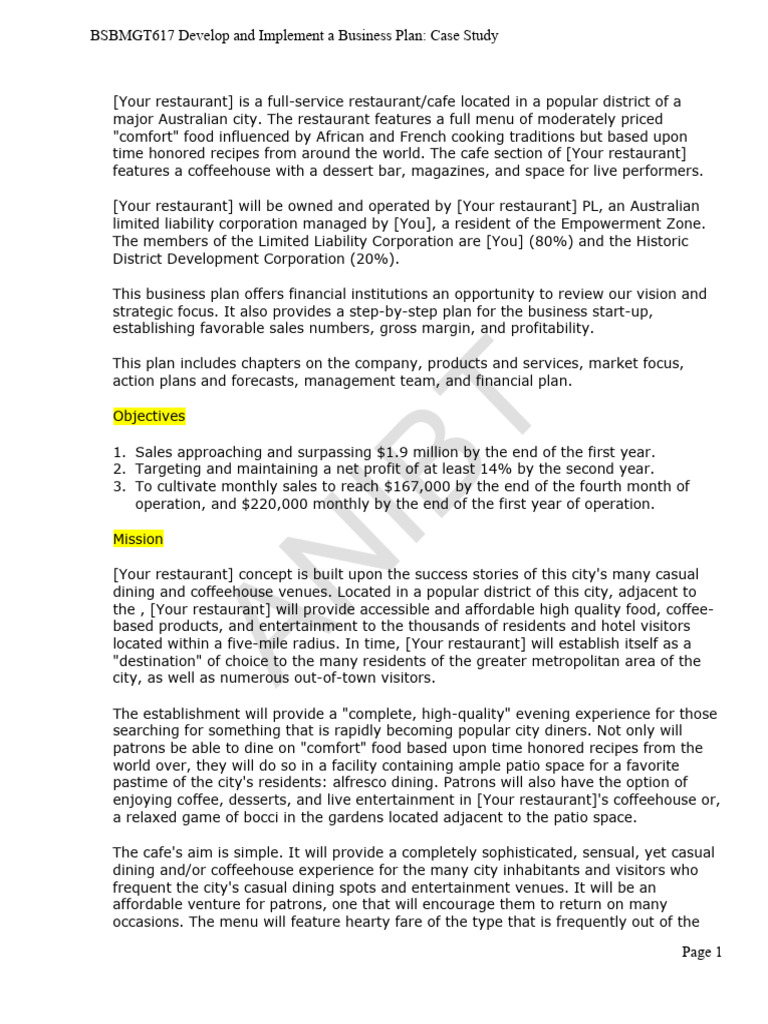 Case Study - Cafe - Bistro - Coffeehouse - Business - Plan | PDF ...