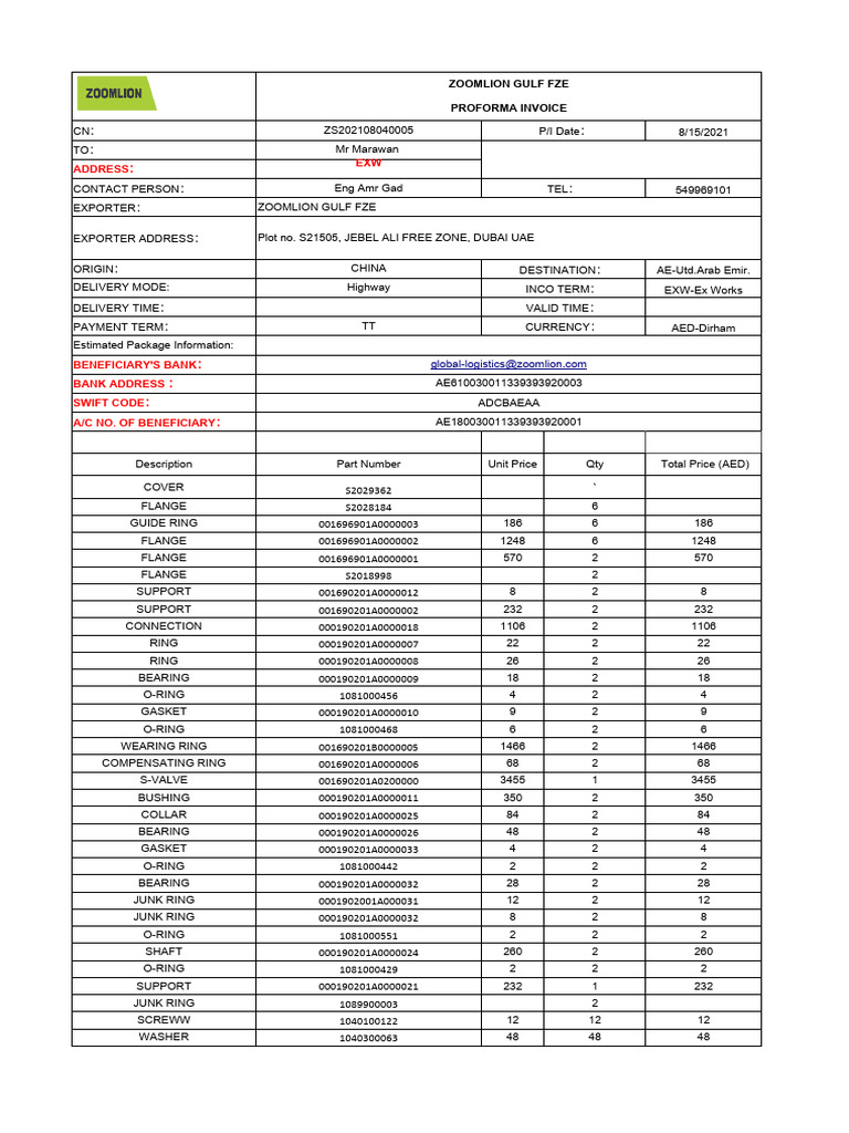 Zoomlion Gulf FZE Proforma Invoice | PDF