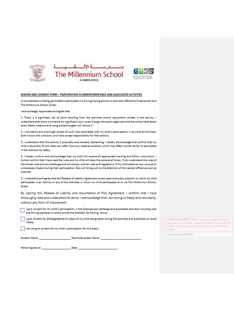 Waiver and Consent Form-Greenpower Race - RC Comments | PDF | Consent ...