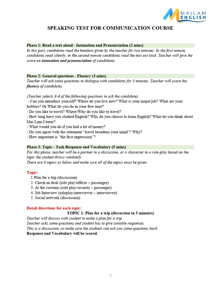 Communication Course Speaking Test Guide | PDF | Job Interview | Human ...