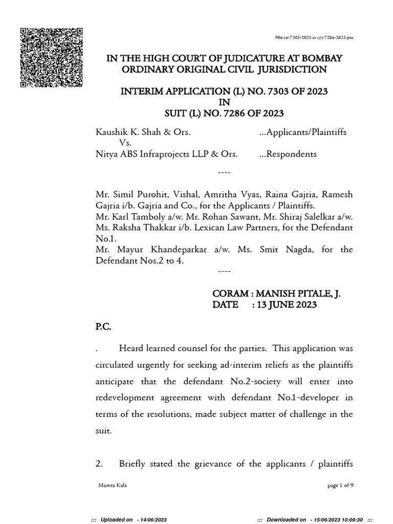 Order in IA-13.06.2023 - Pitale J. | PDF | Judgment (Law) | Lawsuit