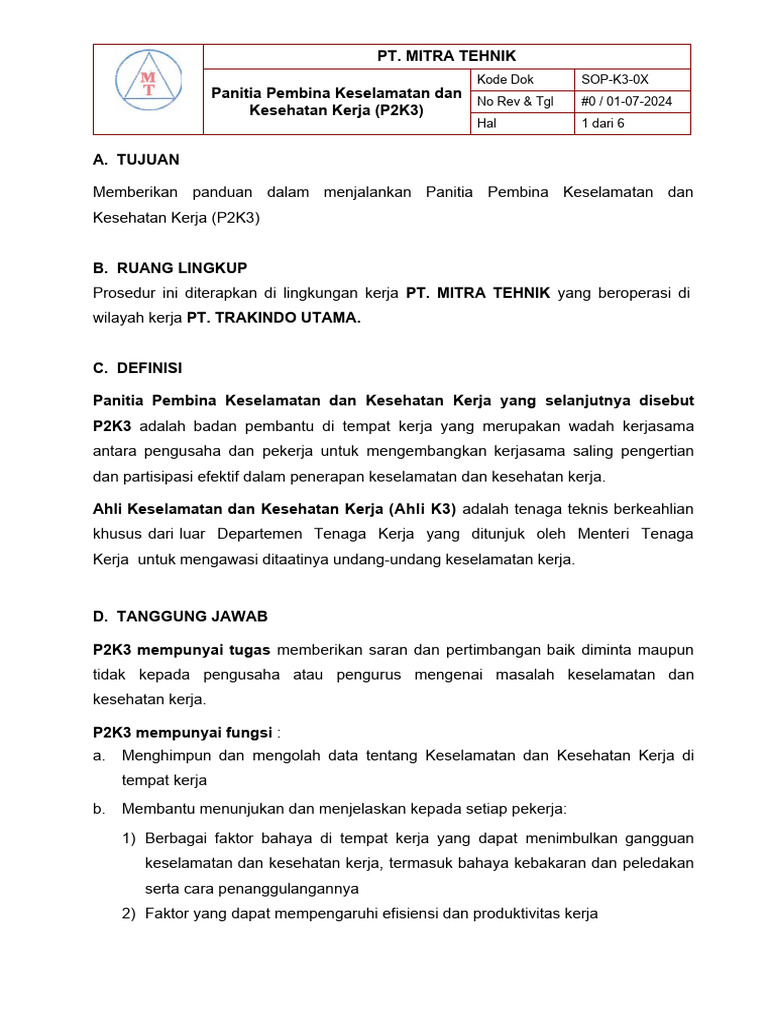 SOP-K3-0X Panitia Pembina Keselamatan Dan Kesehatan Kerja | PDF