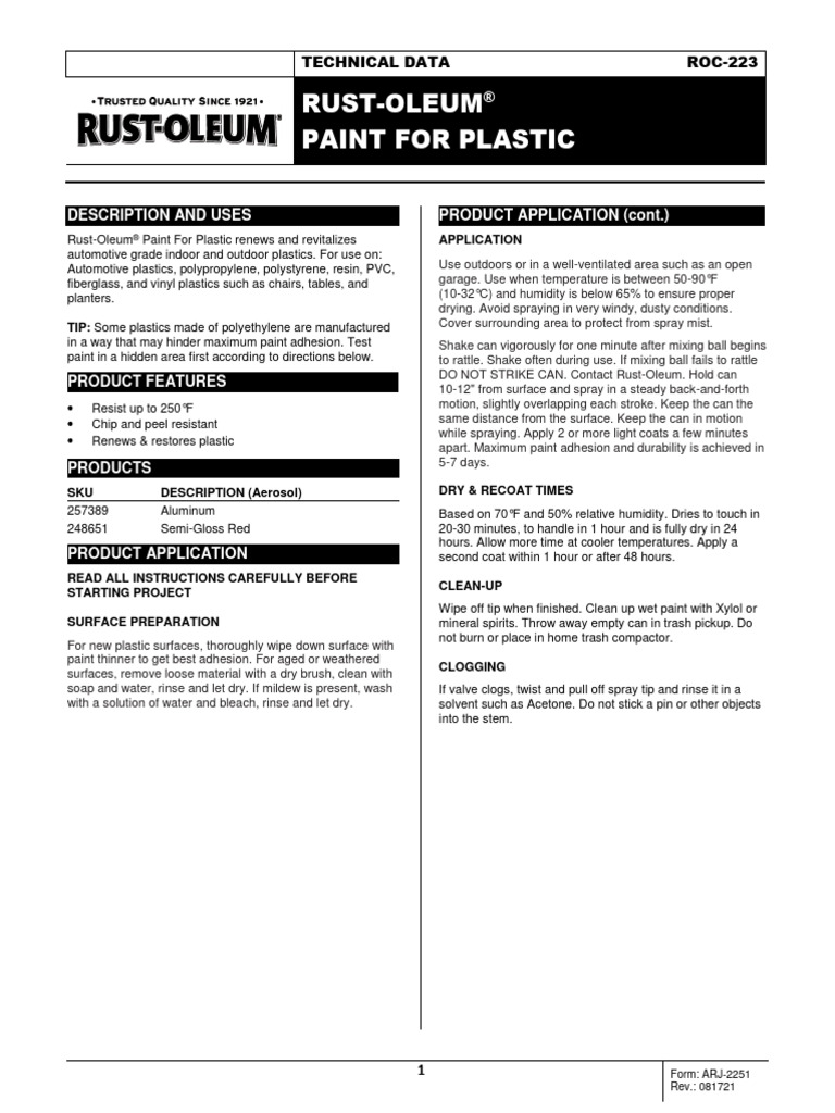 ROC-223 Rust-Oleum Paint For Plastic TDS | PDF | Paint | Plastic