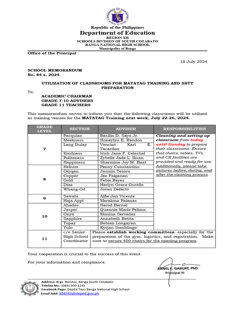 84 UTILIZATION OF CLASSROOMS FOR MATATAG TRAINING AND SBTT PREPARATION ...