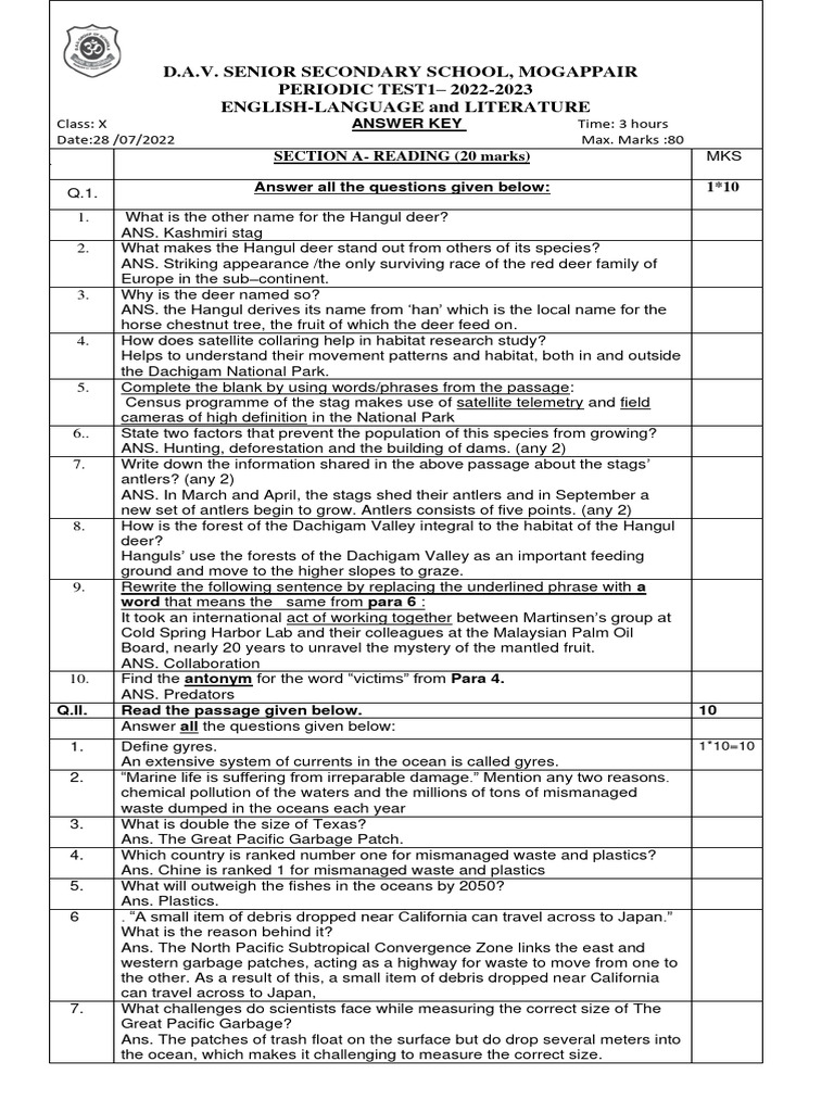 Ans Key X Eng Pt1 KMN | PDF | Deer