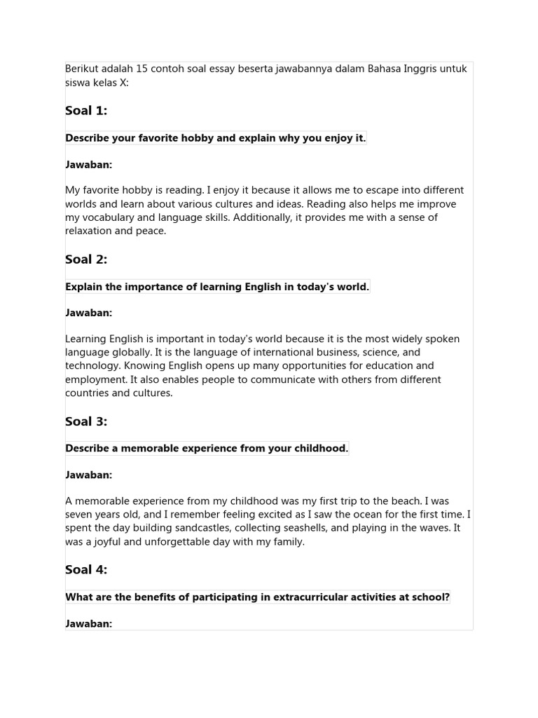 Berikut Adalah 15 Contoh Soal Essay Beserta Jawabannya Dalam Bahasa ...