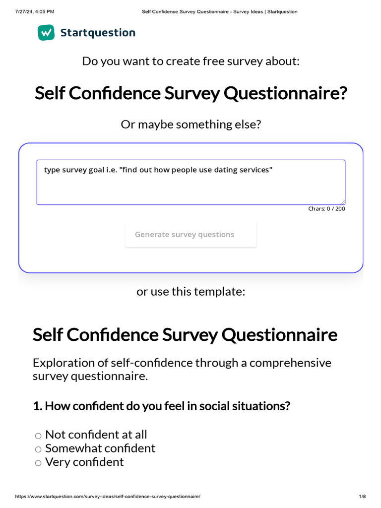Self Confidence Survey Questionnaire - Survey Ideas - Startquestion ...