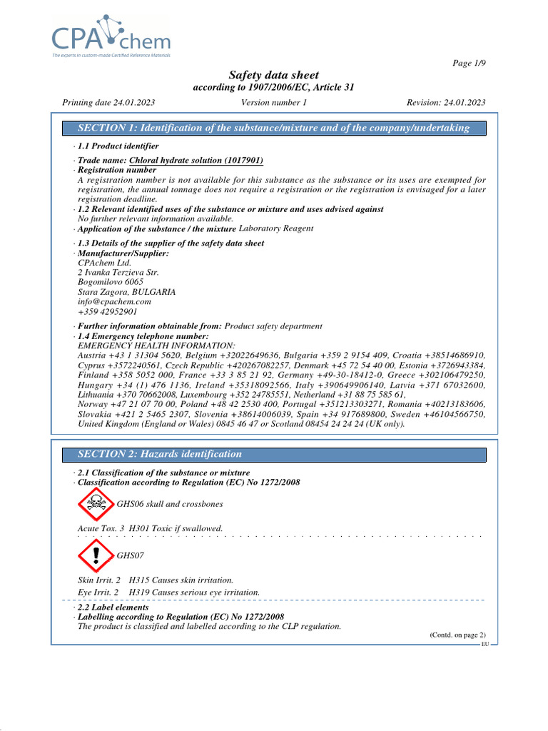 Chloral Hydrate Solution Safety Data Sheet | PDF | Toxicity | Dangerous ...