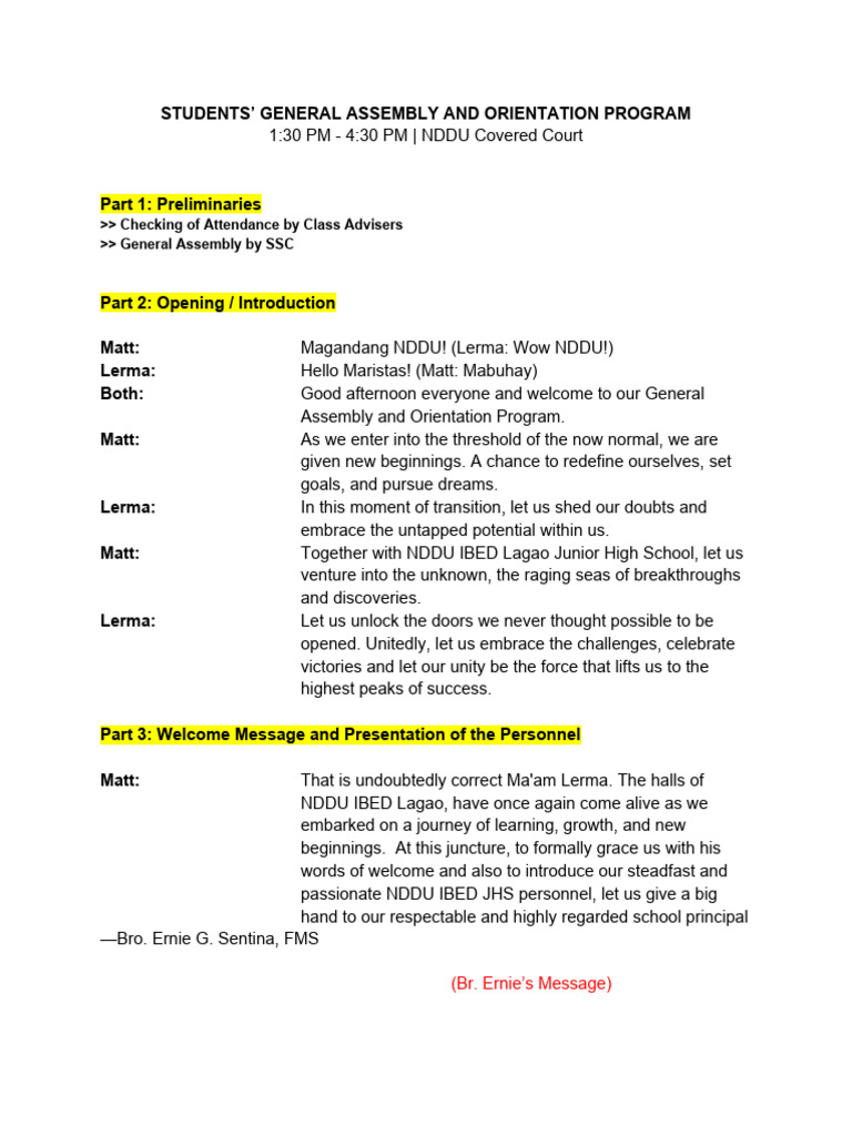 Student Assembly and Orientation Program | Download Free PDF ...