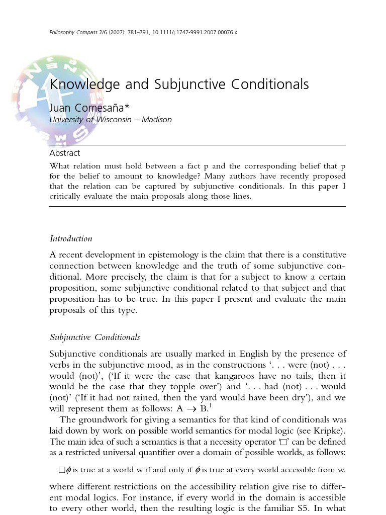 Comesana - Knowledge and Subjunctive Conditionals | PDF | Epistemology | Modal Logic