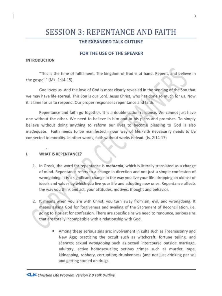 CFC CLP Talk #3-Repentance & Faith Speaker Outline | PDF