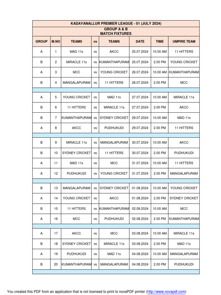 KPL Match Fixtures | PDF | Cricket | Ball And Bat Games
