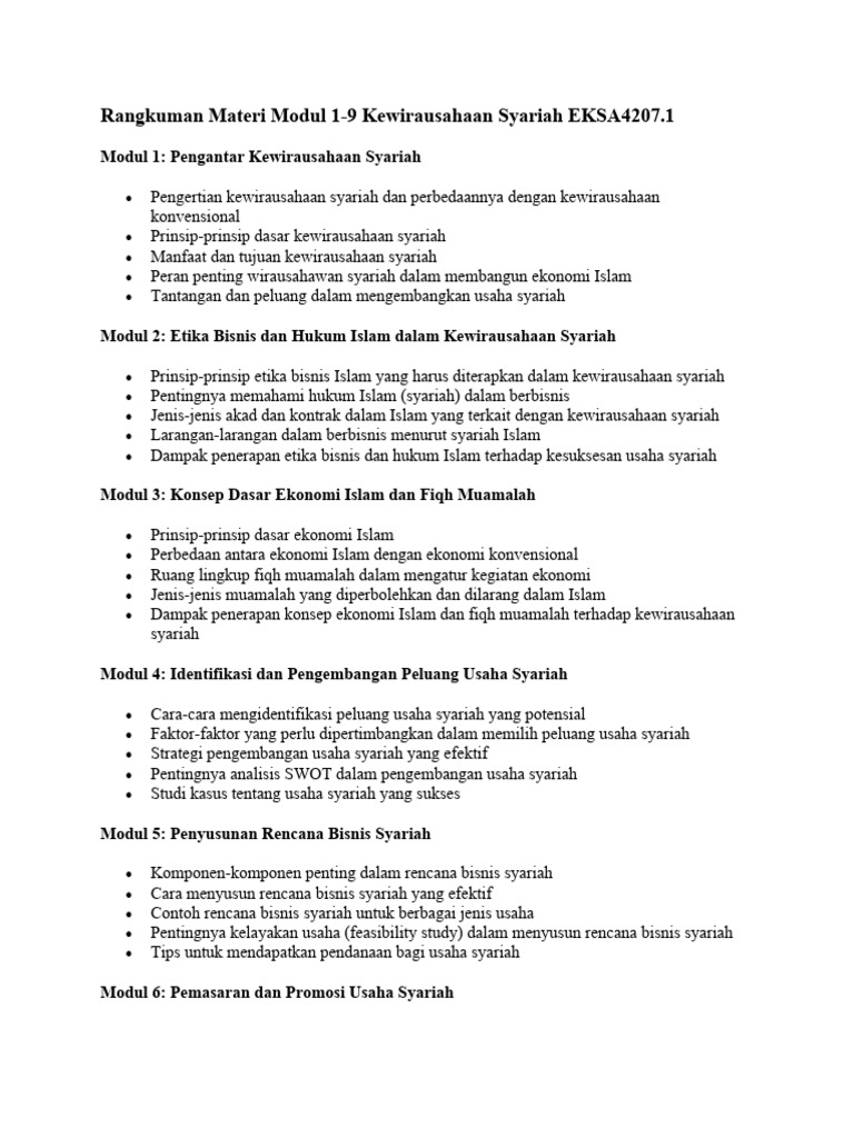 Rangkuman Materi Modul 1-9 Kewirausahaan Syariah | PDF