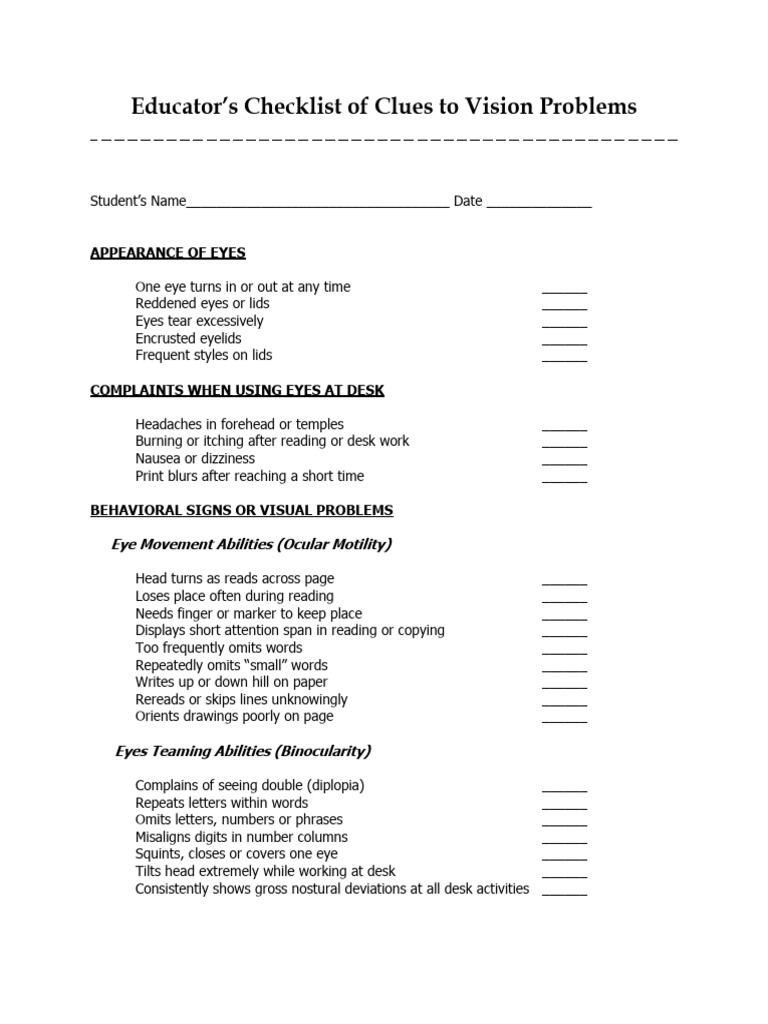 Educator's Checklist of Clues To Vision Problems | PDF | Vision ...