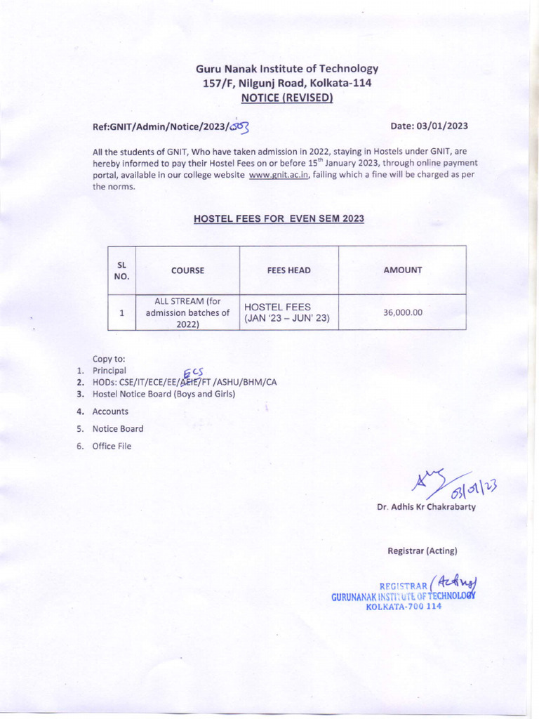 Notice For Hostel Fee Payment 2022 23 Batch | PDF