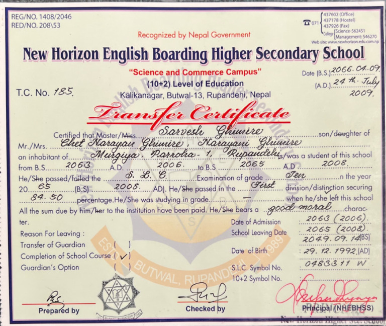 +2 SLC Transfer Certificate | PDF