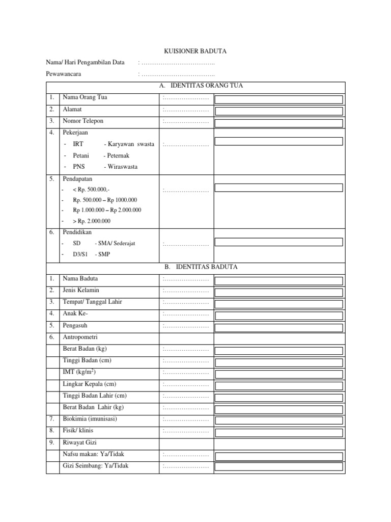 KUESIONER BADUTA | PDF