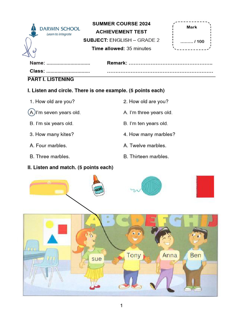 Grade 2 English Summer Test 2024 | PDF | Language Arts & Discipline ...