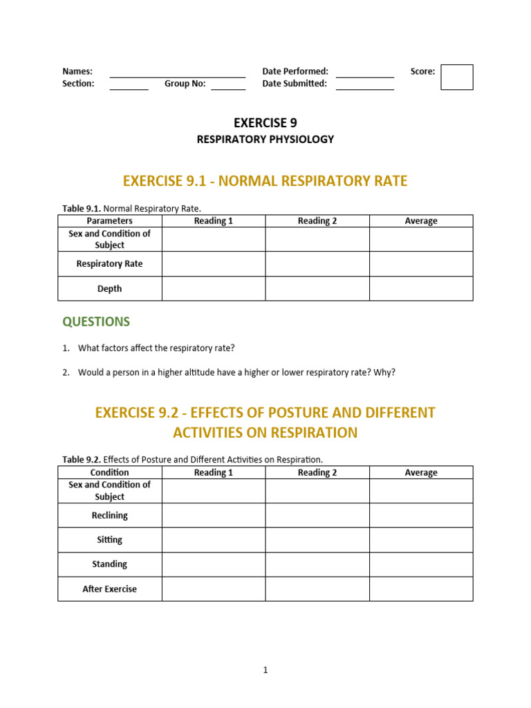 (WORKSHEET) Experiment 10 - Respiratory Physiology | PDF | Breathing ...