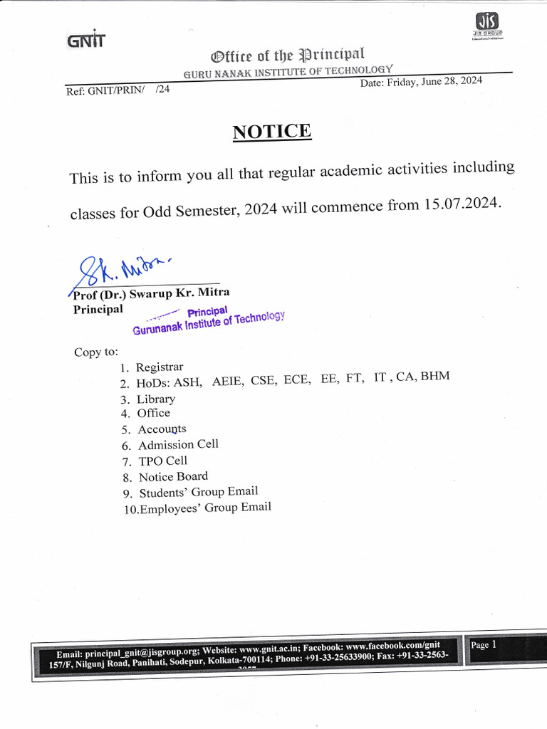 Notice For Odd Sem 2024 Class Start | PDF
