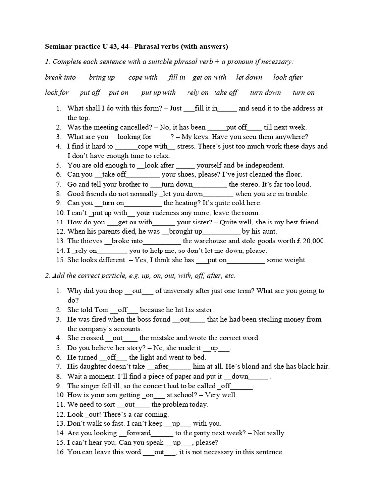 Phrasal Verbs With Answers | PDF | Grammar | Syntax