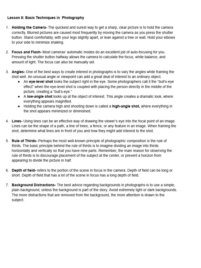 Basic Photography Techniques Explained | PDF | Camera | Optical Devices