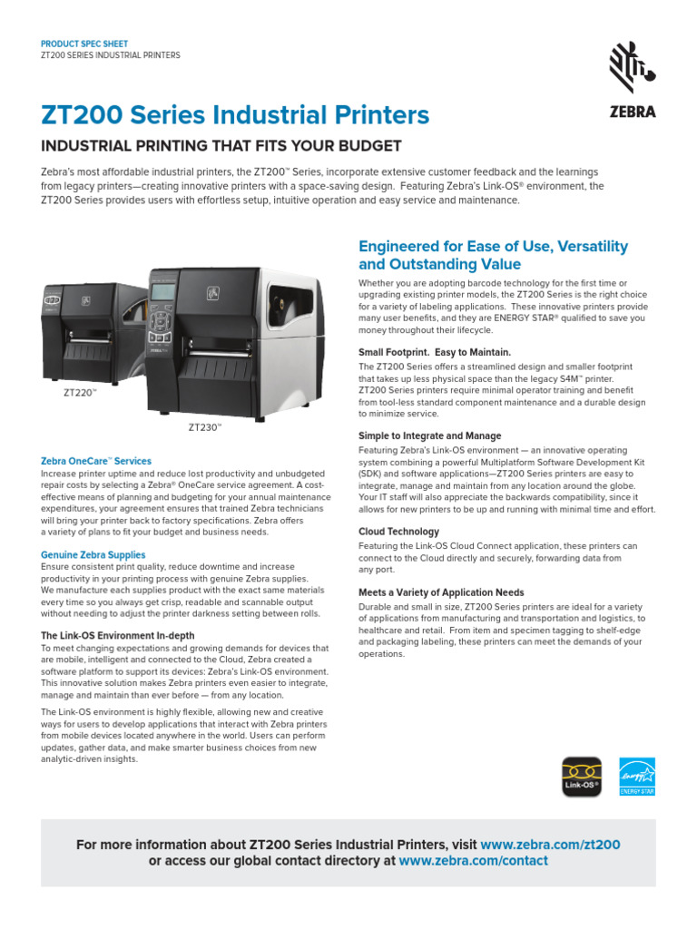 zt200 Series Product Spec Sheet en Us | PDF | Printer (Computing) | Cloud Computing